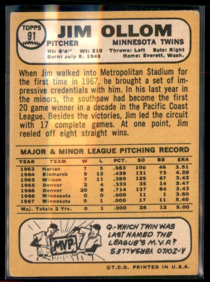 1968 Topps #91 Jim Ollom | eBay