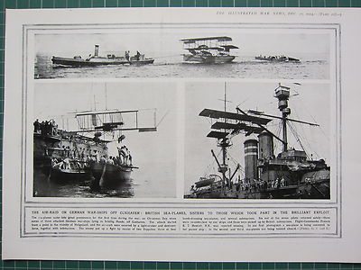 1915 WWI WW1 PRINT ~ AIR-RAID ON GERMAN WAR-SHIPS CUXHAVEN BRITISH SEA ...