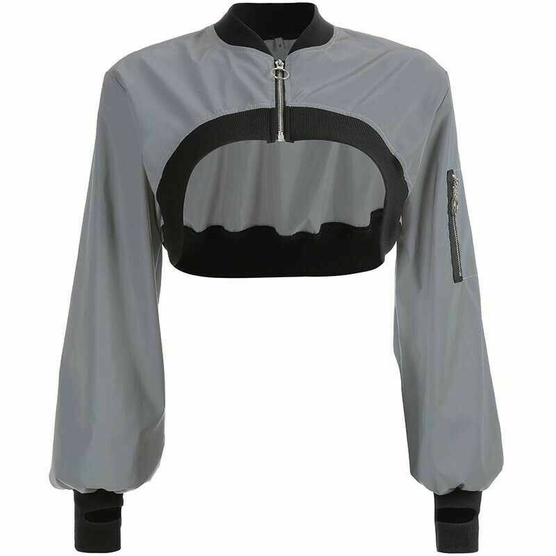 Women Reflective Crop Top Jacket Hip-hop Loose Casual Long Sleeves ...