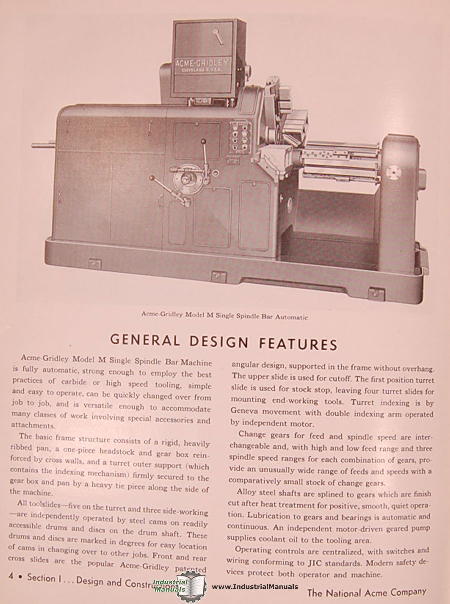 Acme Gridley M, Bar Machine Operations Manual Year (1952) | eBay