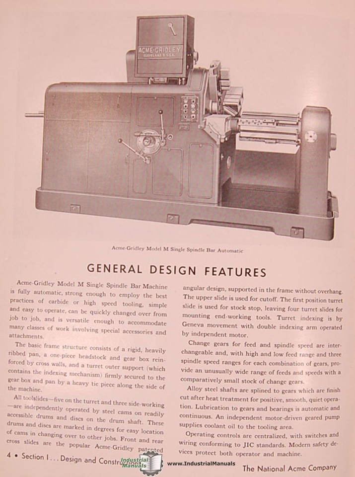 Acme Gridley M, Bar Machine Operations Manual Year (1952) | eBay