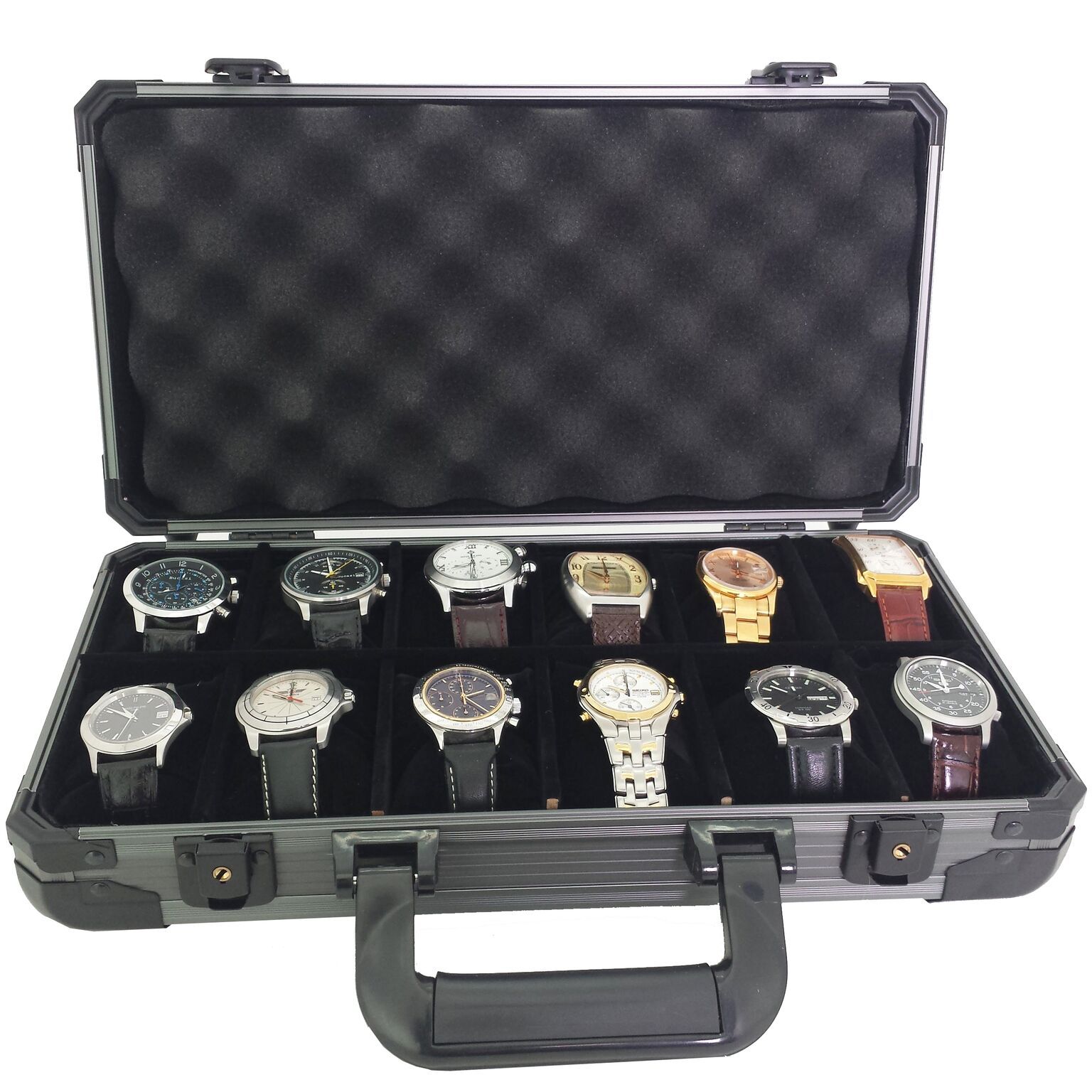 Watch Case Gunmetal Aluminum Briefcase 12 Large Watches (Fits Cases up ...