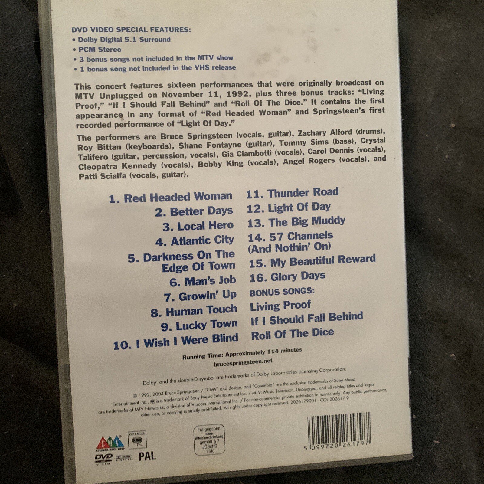 Bruce Springsteen in Concert-MTV Unplugged (DVD, 1992)(b40/25)ukimport ...