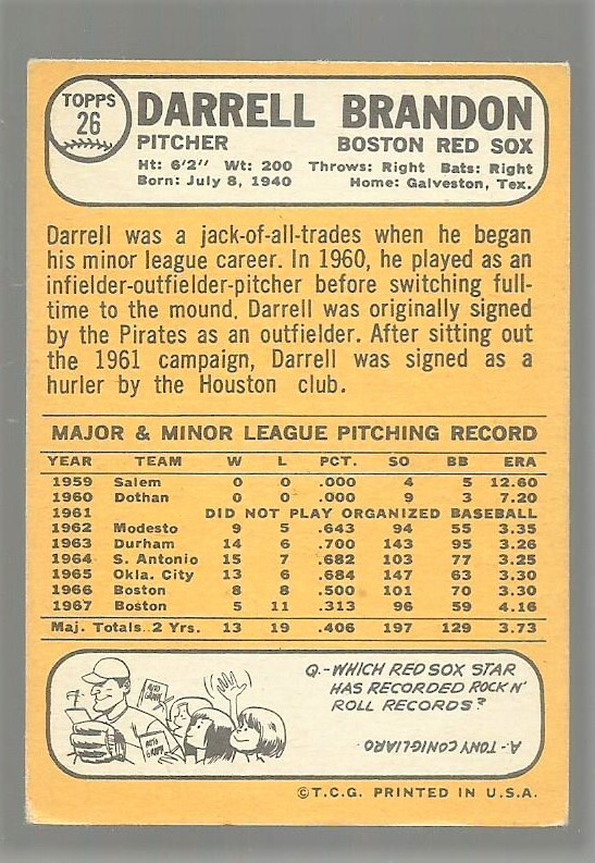 1968 TOPPS BASEBALL #26 DARRELL BRANDON EX/MT BOSTON RED SOX | eBay