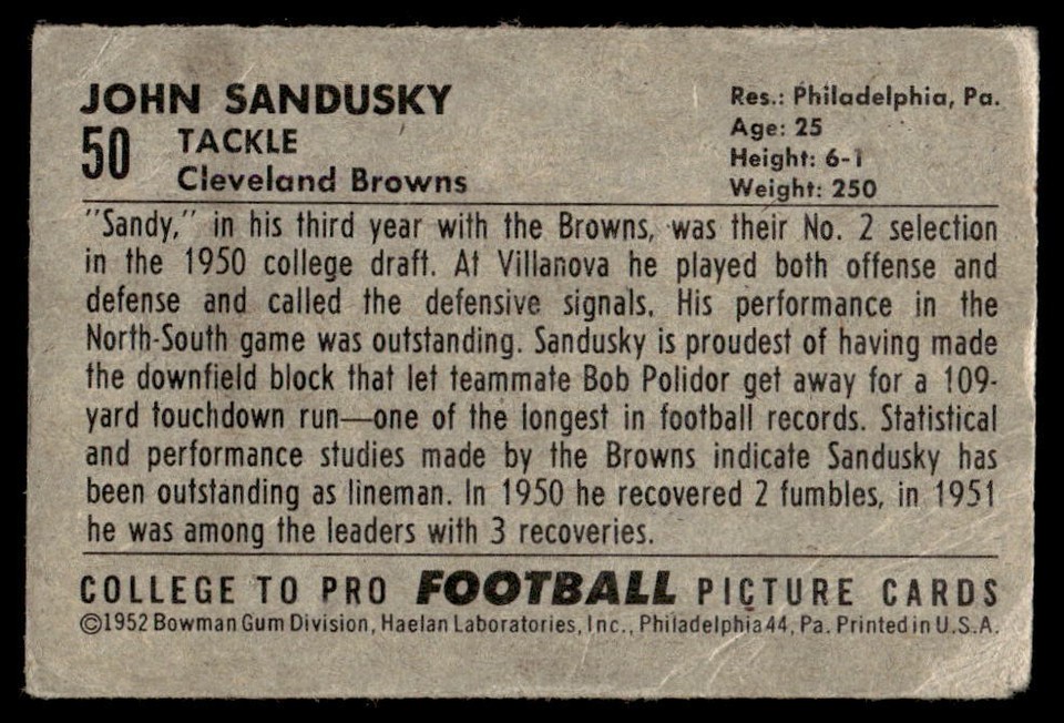 1952 Bowman Large #50 John Sandusky RC Cleveland Browns Low Grade NO ...