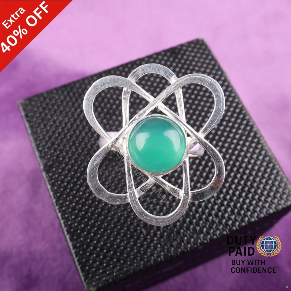 Valentines Sale 925 Sterling Silver Round Green Onyx Cab Stone Band ...