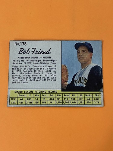 1962 Jello #178 Bob Friend BLACK BORDER Vintage Jell-O Baseball Card ...