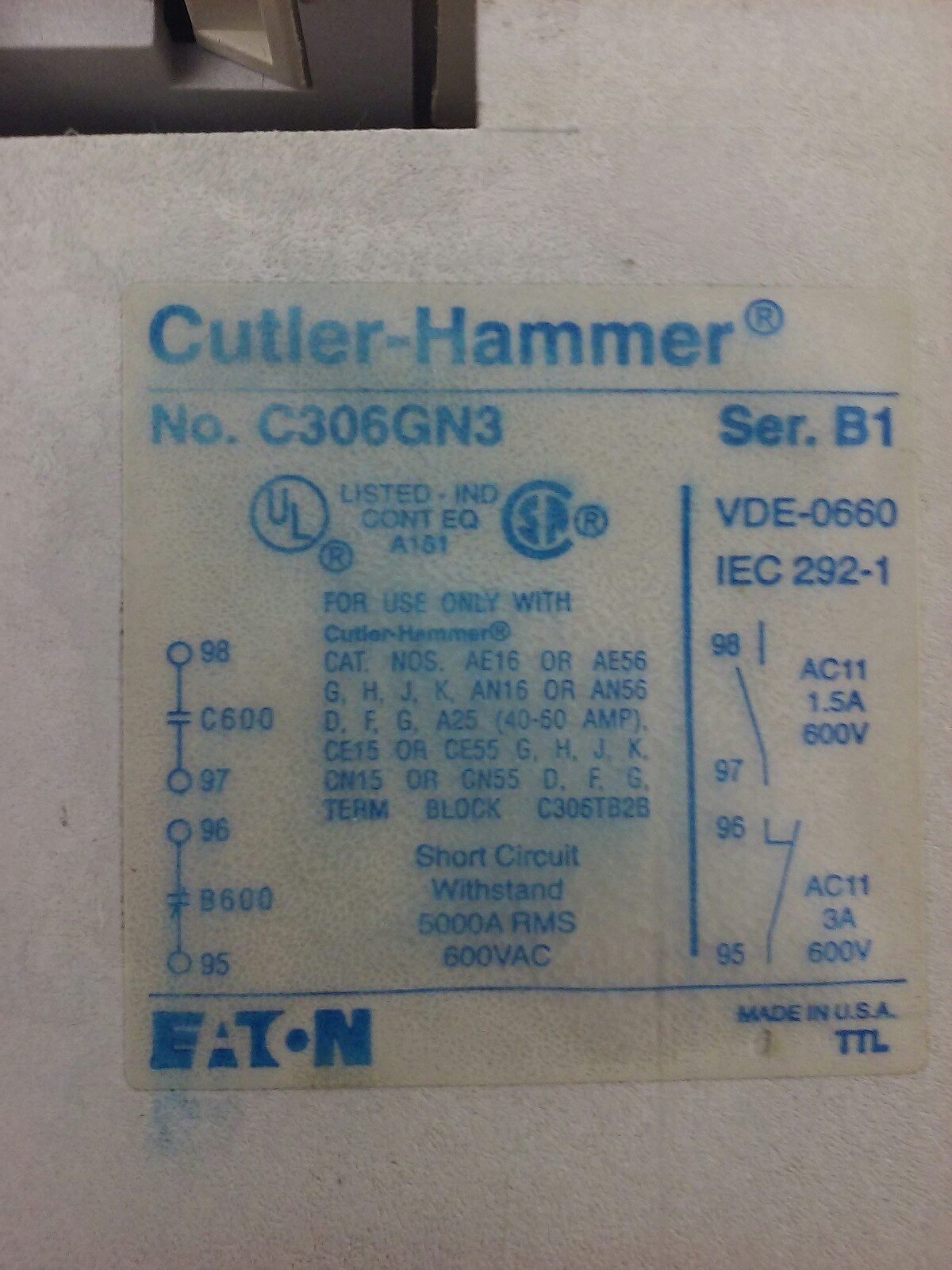 CUTLER HAMMER / EATON AN16DN0 STARTER SIZE 1 27A 600V 3PH 10 HP C306GN3 ...