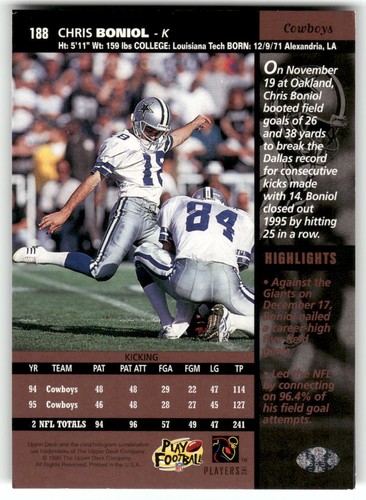 Chris Boniol 1996 Upper Deck Football Excellent | eBay