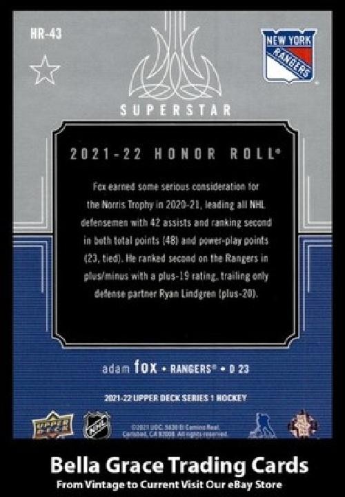 2021-22 Upper Deck Adam Fox #HR-43 New York Rangers Honor Roll NHL ...
