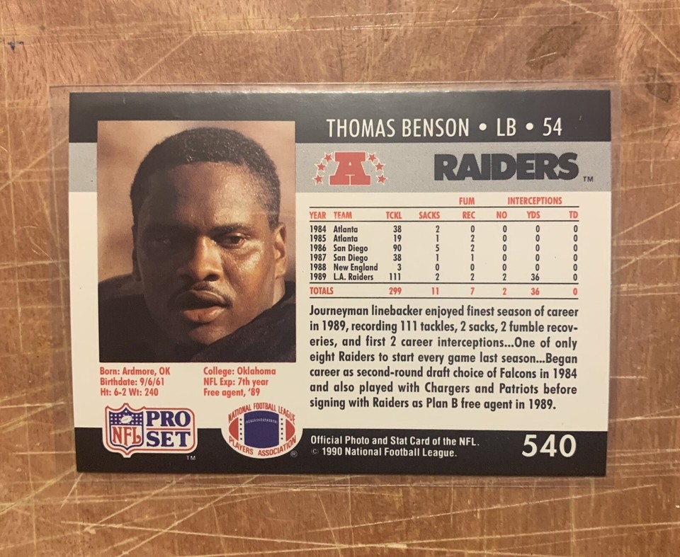 1990 PRO SET THOMAS BENSON RC LOS ANGELES RAIDERS #540 | eBay