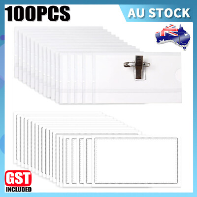 100X Badge Holders Plastic Clear Pouch Blank Name ID Tag Holder Clip ...