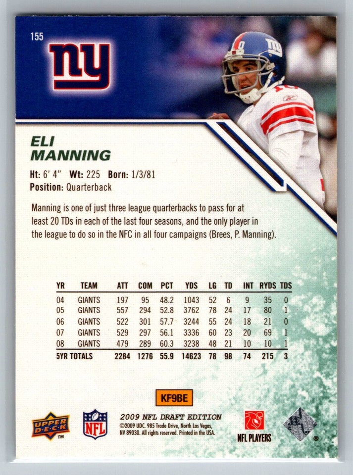 2009 Upper Deck Draft Edition #155 Eli Manning New York Giants FREE ...