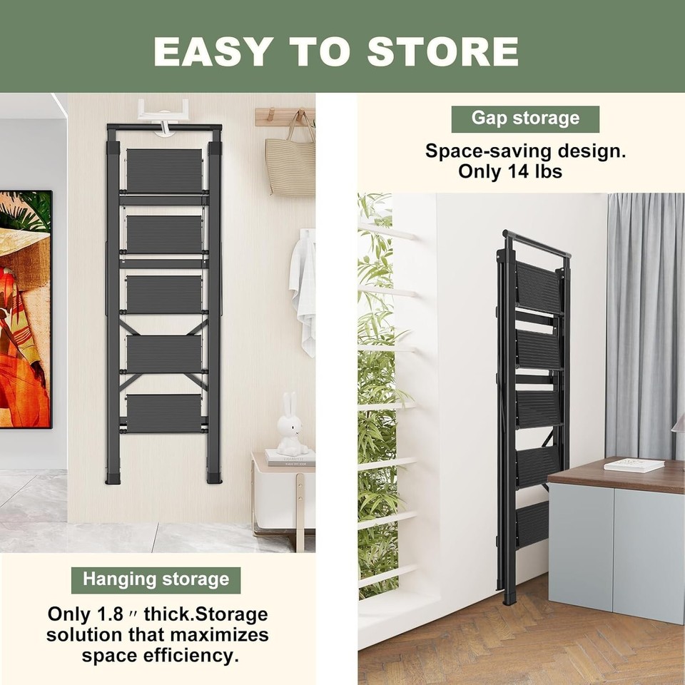 HBTower 5 Step Folding Ladder | Aluminum Lightweight Wide Pedal Step ...