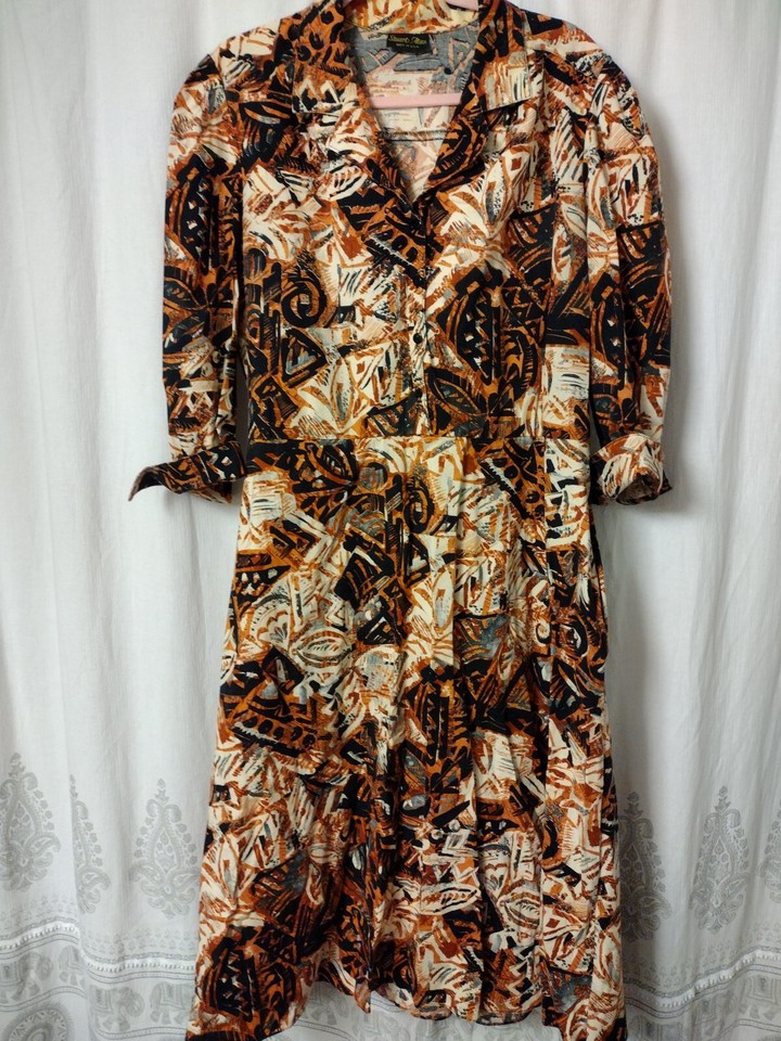 Stuart Alan Size 18 Vintage A-line Brown Print Dress Button Front ...