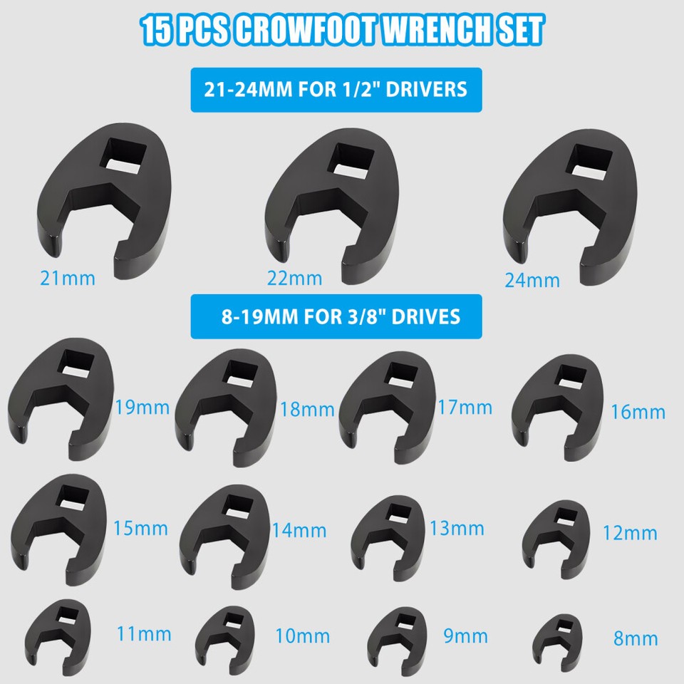 15PCS Crowfoot Wrench Set Metric Crows Foot 8-32mm Flare Nut Wrench Set ...
