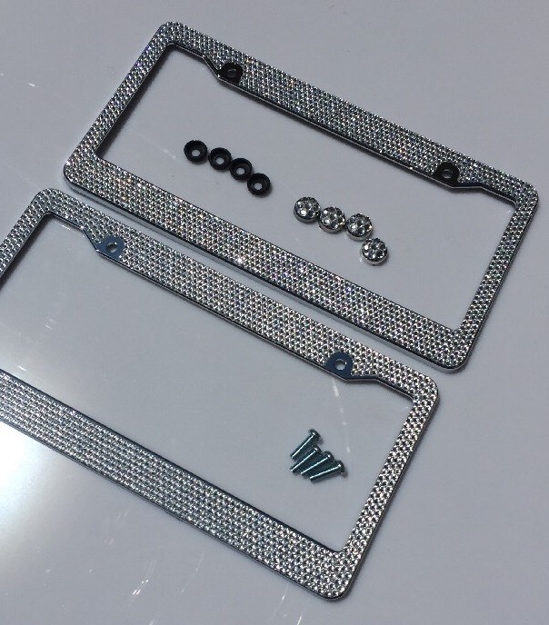 2pc Silver Diamond Bling Rhinestone Metal License Plate Frame Cover For ...