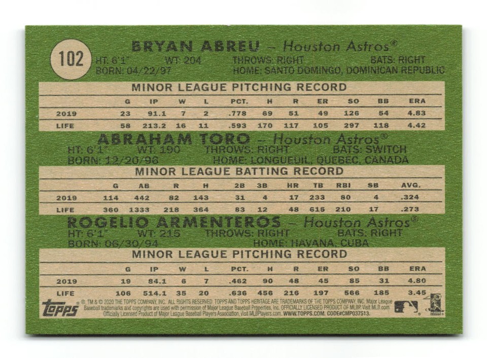 2020 Topps Heritage Bryan Abreu / Abraham Toro / Rogelio Armenteros RS ...