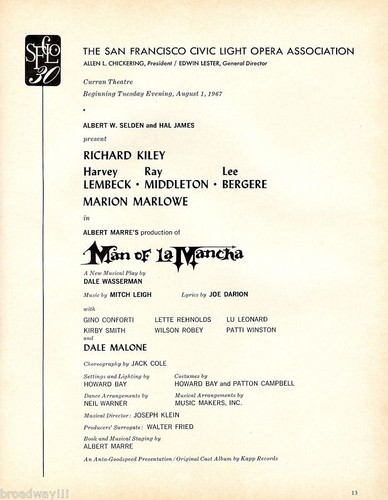 Richard Kiley "MAN OF LA MANCHA" Marion Marlowe 1967 San Francisco ...