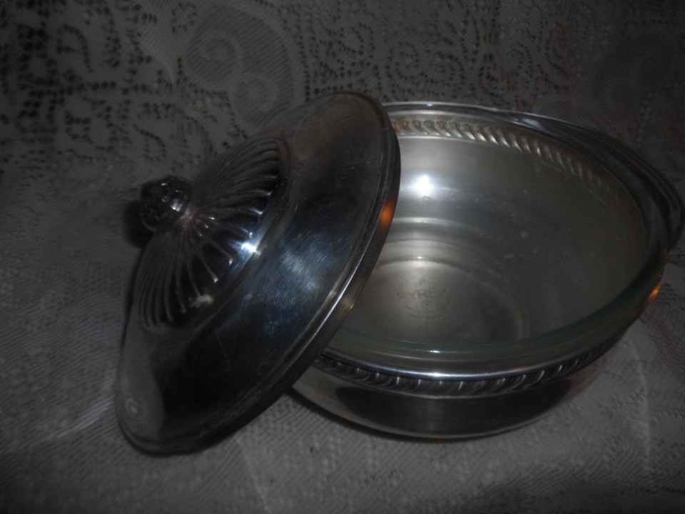 Vntg Ornate Pilgrim SilverPlate w/Glass Pyrex Chafing Dish Casserole ...