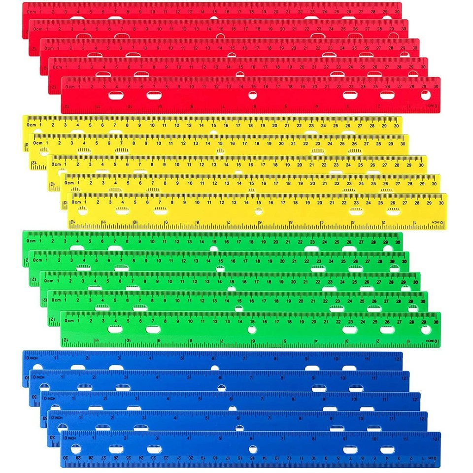 12 Pack of Plastic Rulers with 3 Ring Binder Holes Assorted Colors | eBay