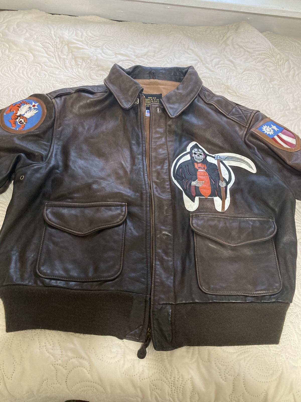 A2 FLIGHT JACKET PILOT GRIM REAPER BLOOD CHIT 48 NAKE… - Gem