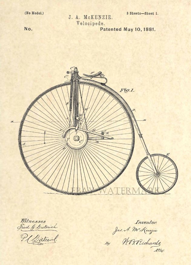 Penny Farthing Big Wheel Bicycle Official Patent Art Print - Velocipede ...