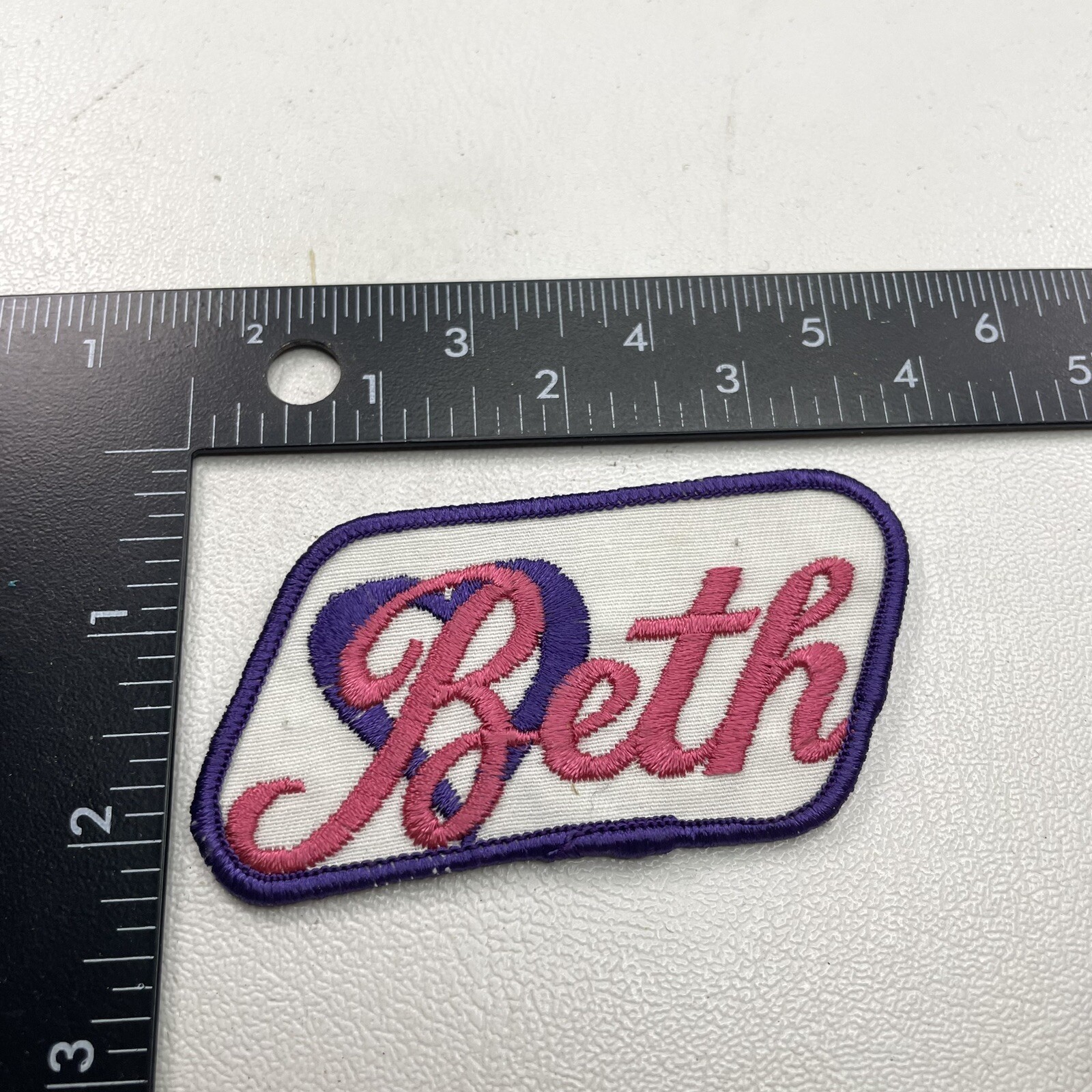 Vintage Retro Fancy Purple Heart Name BETH Patch (Cursive Pink Letter ...