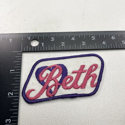 Vintage Retro Fancy Purple Heart Name BETH Patch (Cursive Pink Letter ...