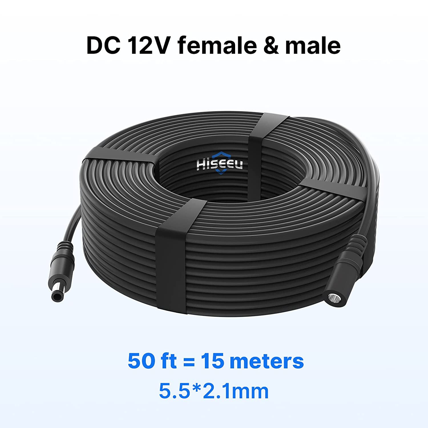 Hiseeu 50ft 5.5mm x 2.1mm 12V DC Power Extension Cable for Security IP ...