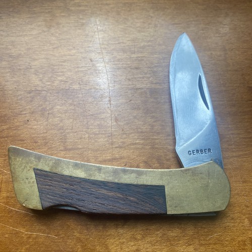 VINTAGE GERBER 97223 USA LOCKBACK FOLDING KNIFE BRASS WOOD HANDLE Very ...