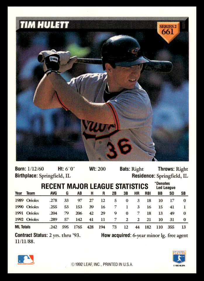 1993 Donruss Tim Hulett #661 Baltimore Orioles MLB Baseball Base Set | eBay