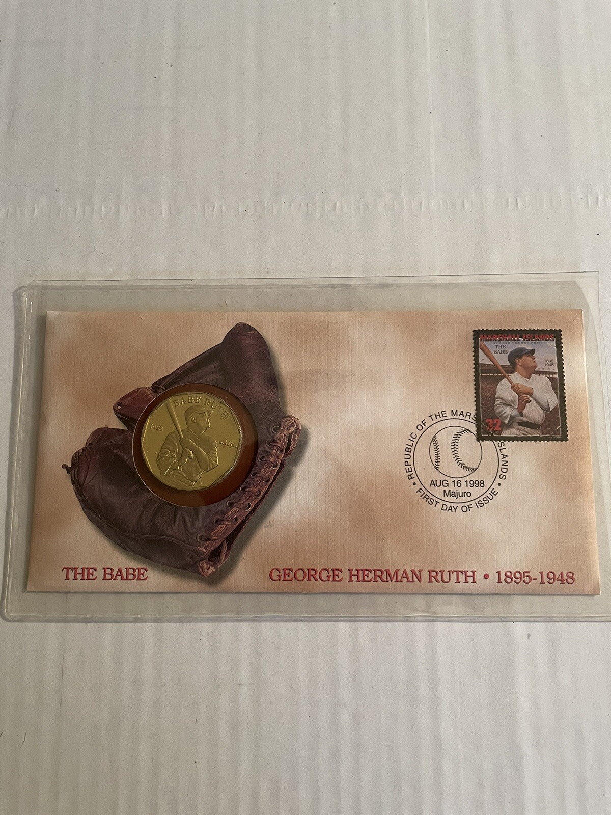 1998 Babe Ruth first day cover $10 brass coin/1st edt 32 c Marshall ...
