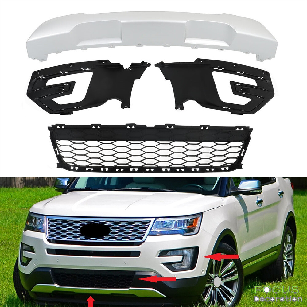 For 16-17 Ford Explorer Front Lower Grille&Silver Skid Plate&2Pc Fog ...