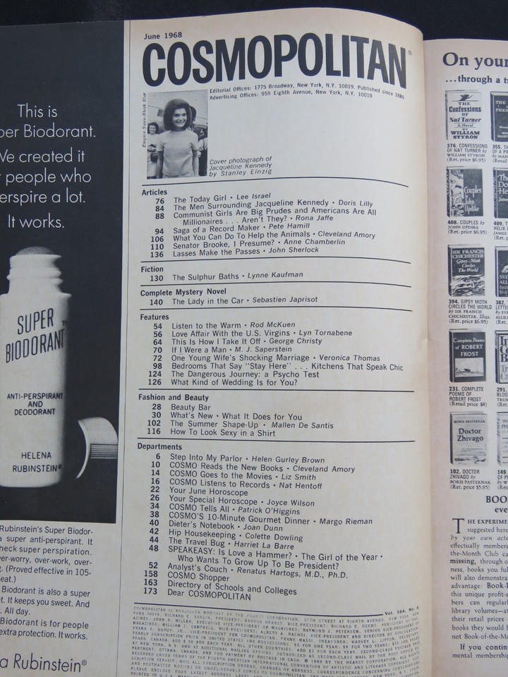 Cosmopolitan Magazine June 1968 Jacqueline Kennedy, Married to a ...