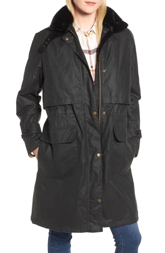 Barbour Floree Waxed Cotton Canvas Jacket w/Faux Fur Collar - Black ...