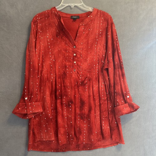 Cocomo Top Pintuck Popover Tunic Top Sequin Womens Plus 2X Red Tie Dye ...