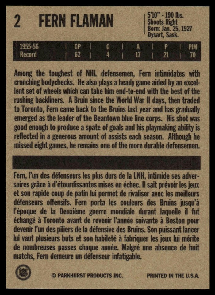 1994 Parkhurst Missing Link 1956-57 #2 Fern Flaman Boston Bruins Hockey ...