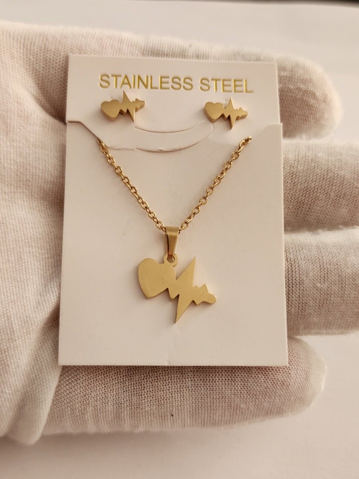 Stainless Steel Gold Plated Heartbeat Earrings, Necklace Set With Rolo ...