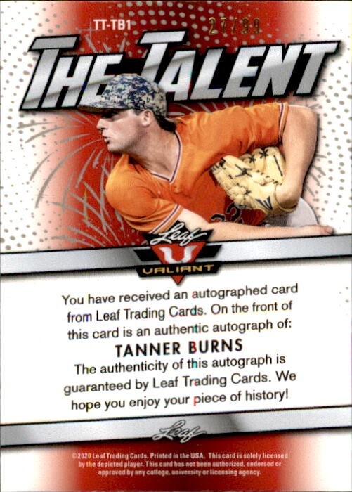 Tanner Burns 2020 Leaf Valiant Autograph Green The Talent #TTTB1 /99 ...
