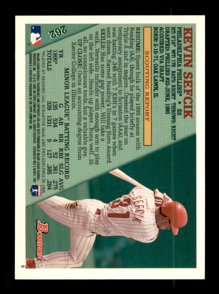 1996 Baseball Bowman Kevin Sefcik Philadelphia Phillies #262 RC2 | eBay
