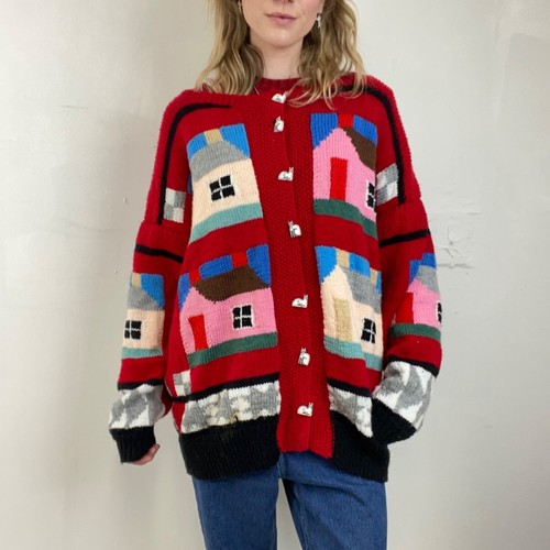 L - Vintage Cute House and Cats Knit Cardigan | eBay
