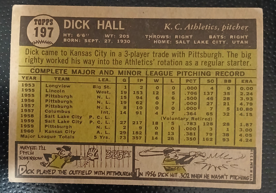 1961 - TOPPS - BASEBALL CARD - DICK HALL - # 197 - (A09) | eBay
