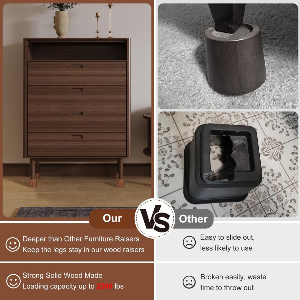 Wood Bed Risers - Supports up to 2200 lbs - Heavy Duty Furniture Risers ...