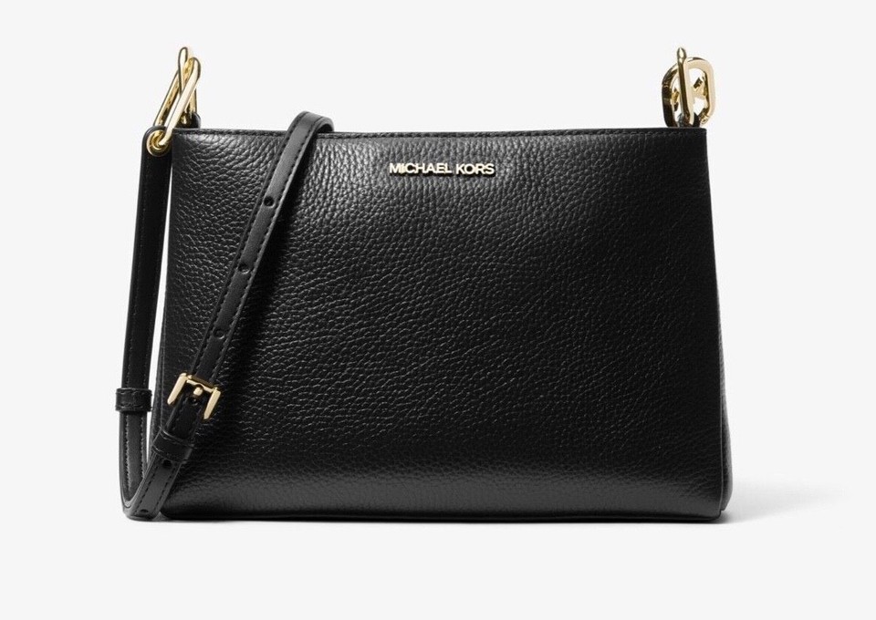 Michael Kors Trisha Triple Compartment Black Pebbled Leather Crossbody ...