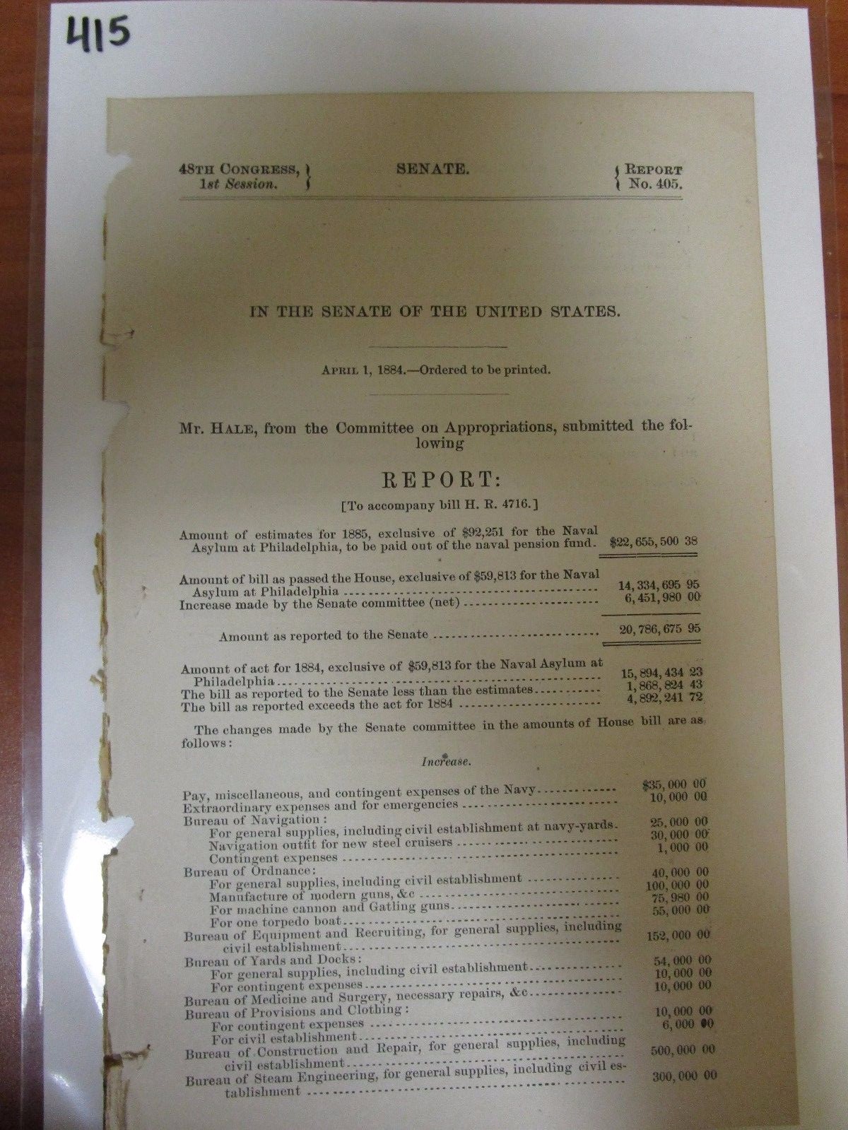 Government Report 1884 United States Navy Appropriation Bill estimates ...