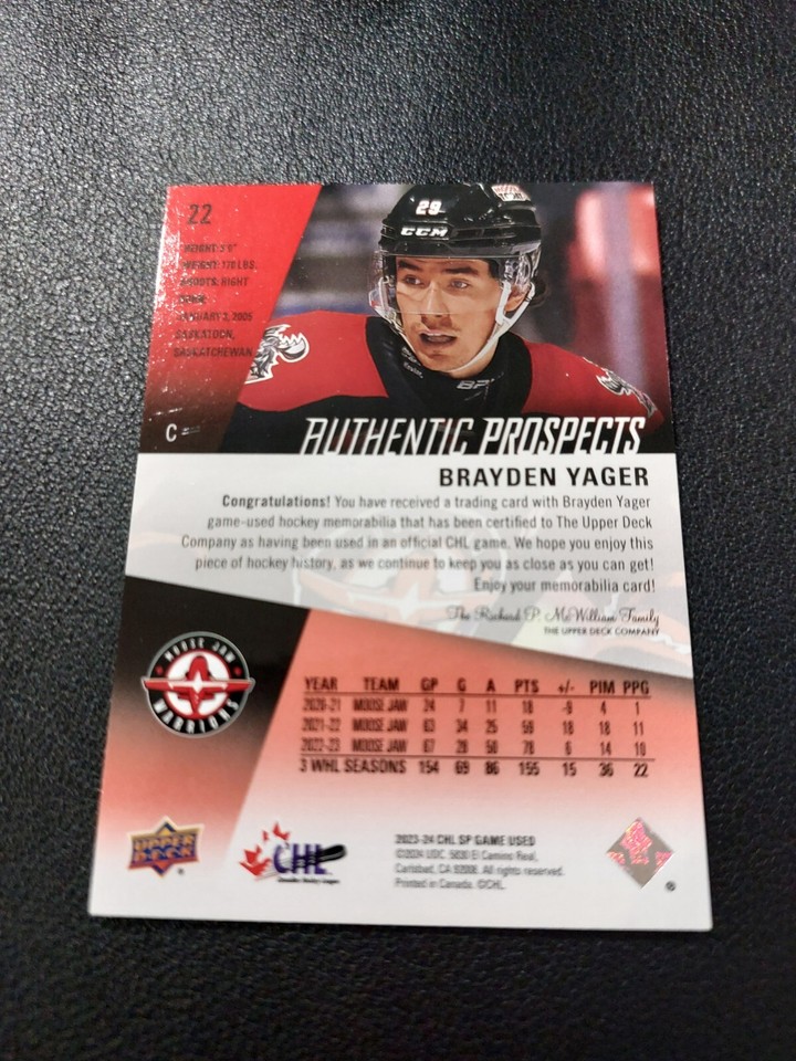 2023-24 Brayden Yager Authentic Prospect Jersey Pittsburgh Penguins ...