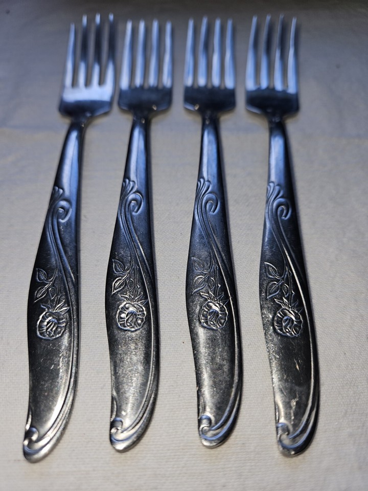 Utica ROSE Pattern Stainless Flatware USA 4 Forks swirls rose Vintage ...
