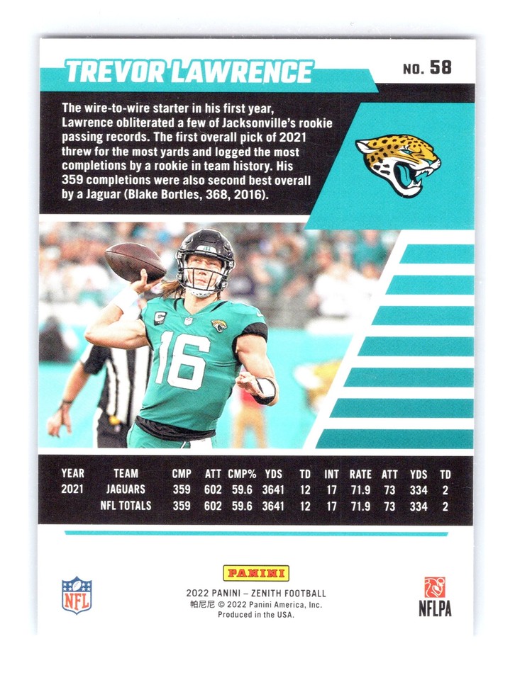 2022 Zenith Football #58 Trevor Lawrence Red Zone Jacksonville Jaguars ...