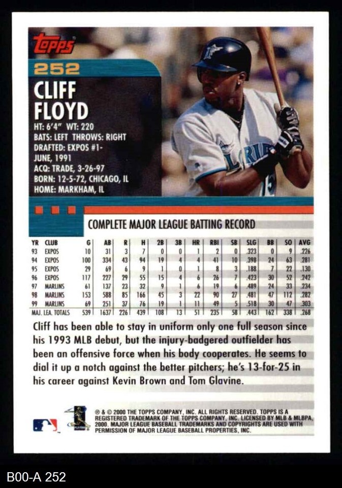 2000 Topps #252 Cliff Floyd Marlins 8 - NM/MT | eBay